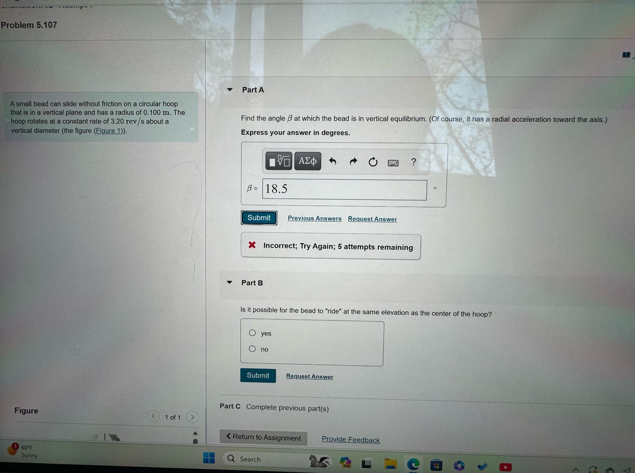 Problem 5.107A small bead can slide without friction | Chegg.com