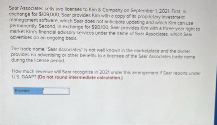 Solved Saar Associates sells two licenses to Kim & Company | Chegg.com