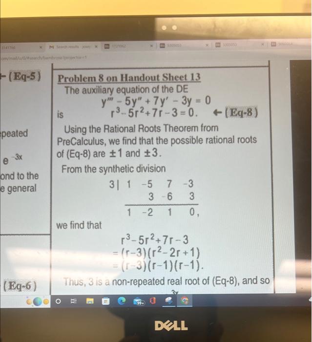 Solved y′′′−5y′′+7y′−3y=0r3−5r2+7r−3=0.−(Ex−8) Using the | Chegg.com