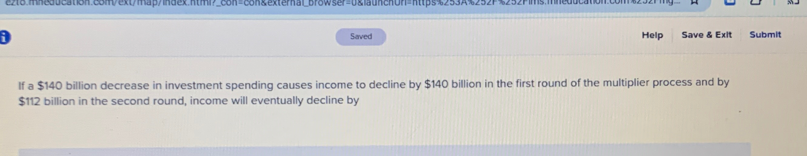 Solved If a $140 ﻿billion decrease in investment spending | Chegg.com