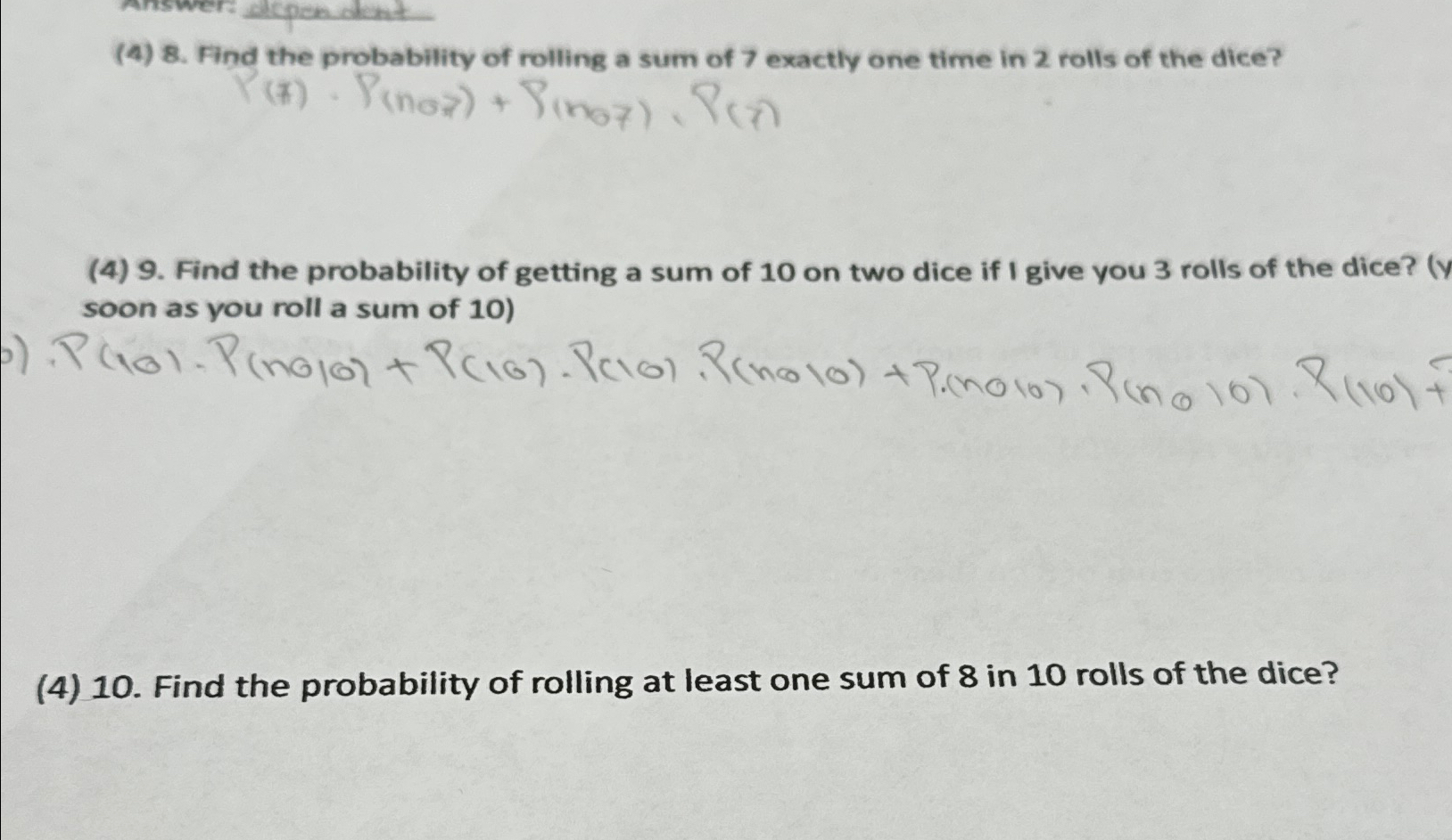 Solved (4) 8. ﻿Find the probability of rolling a sum of 7 | Chegg.com