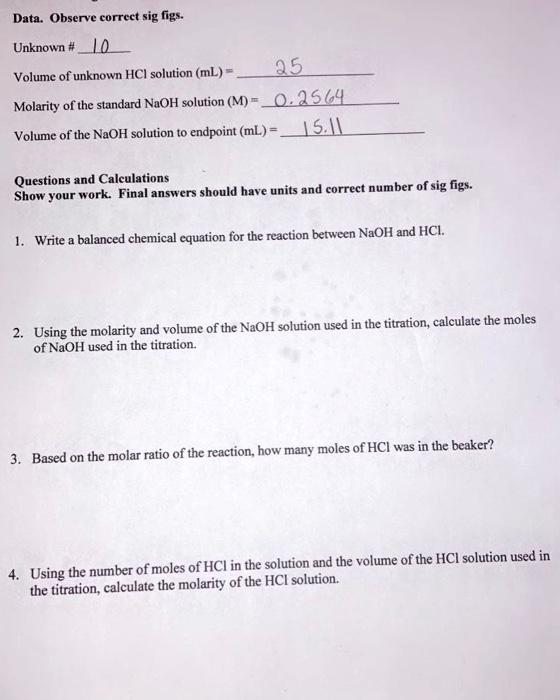 Solved Data. Observe correct sig figs. Unknown #_10 Volume | Chegg.com