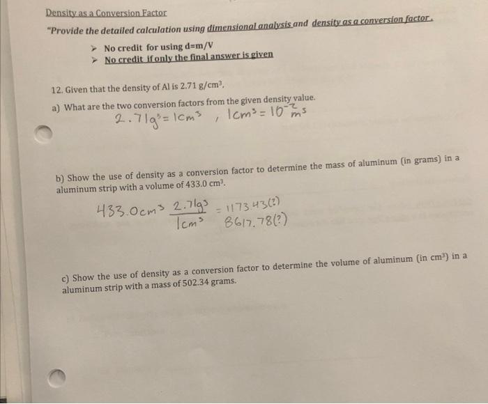 Solved Density as a Conversion Factor "Provide the detailed | Chegg.com