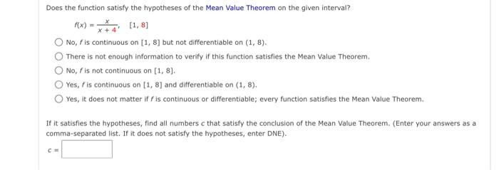 Solved Does the function satisfy the hypotheses of the Mean | Chegg.com