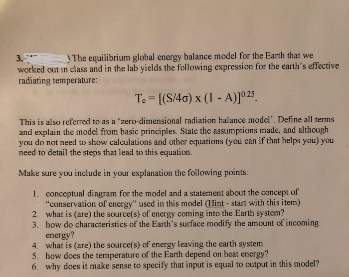 Solved The equilibrium global energy balance model for the | Chegg.com
