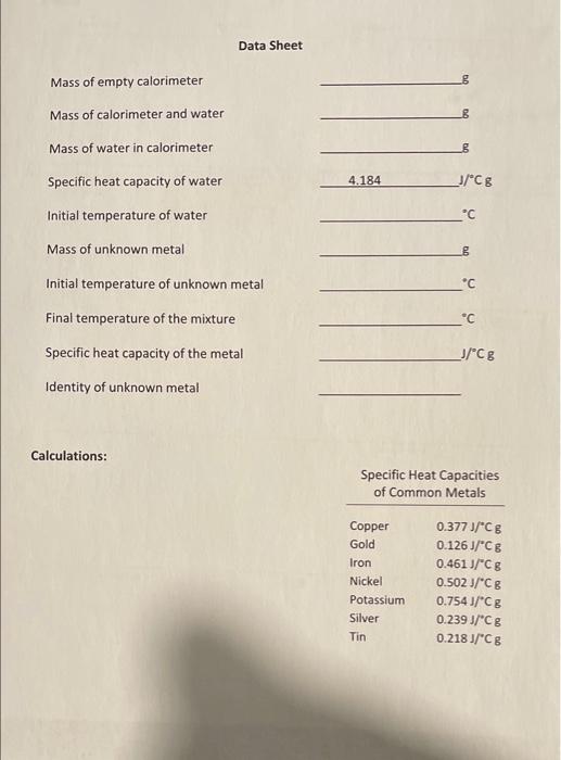 Solved Calorimetry Lab Objective: Calculate the specific | Chegg.com