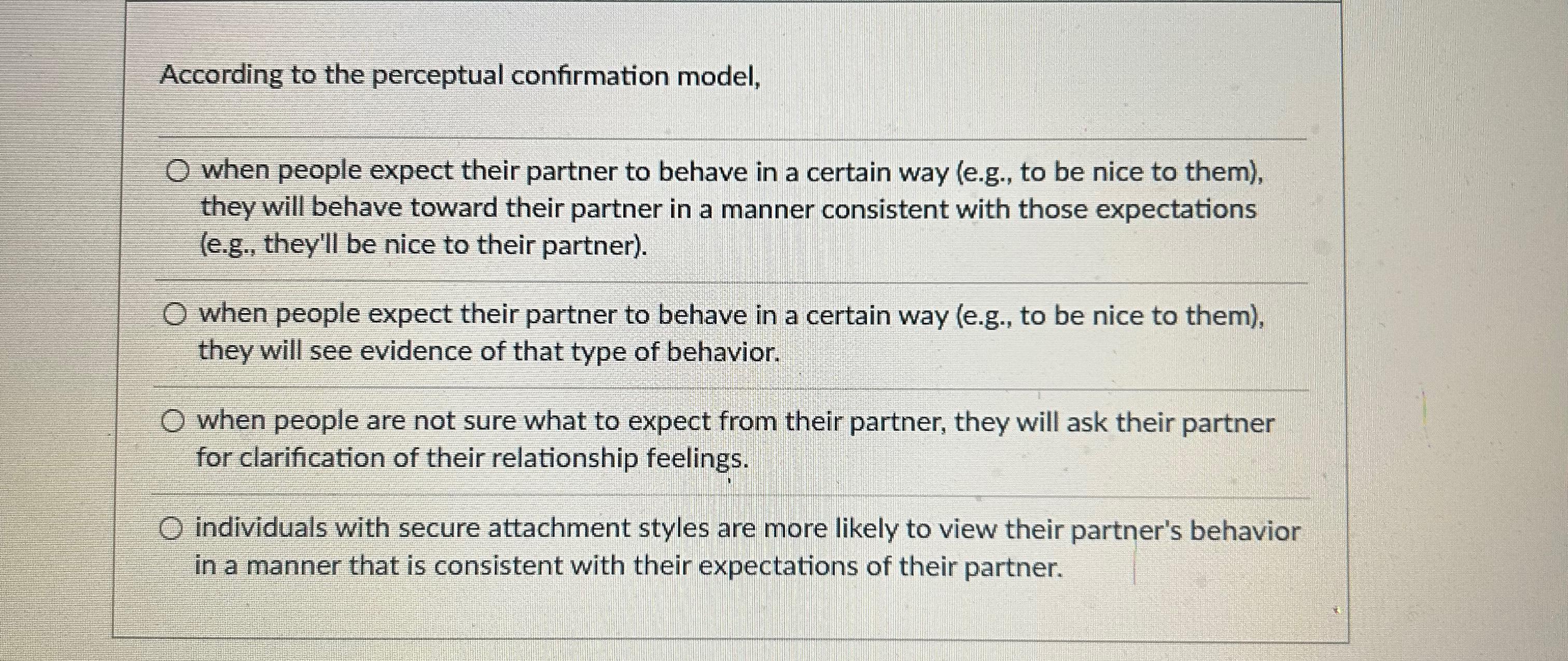 Solved According to the perceptual confirmation model,when | Chegg.com