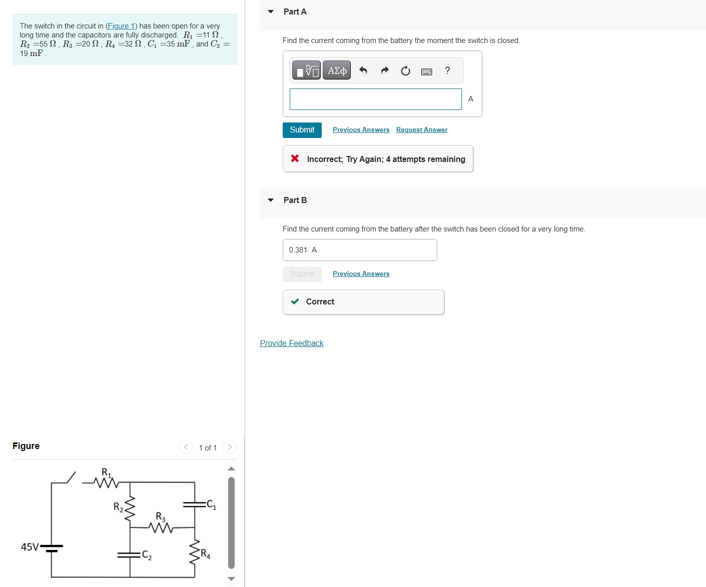 Solved The switch in ﻿the circuit in (Figure 1) ﻿has been | Chegg.com