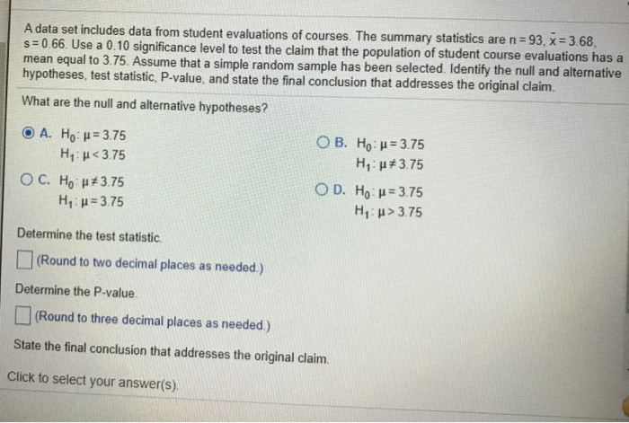 Solved A data set includes data from student evaluations of | Chegg.com