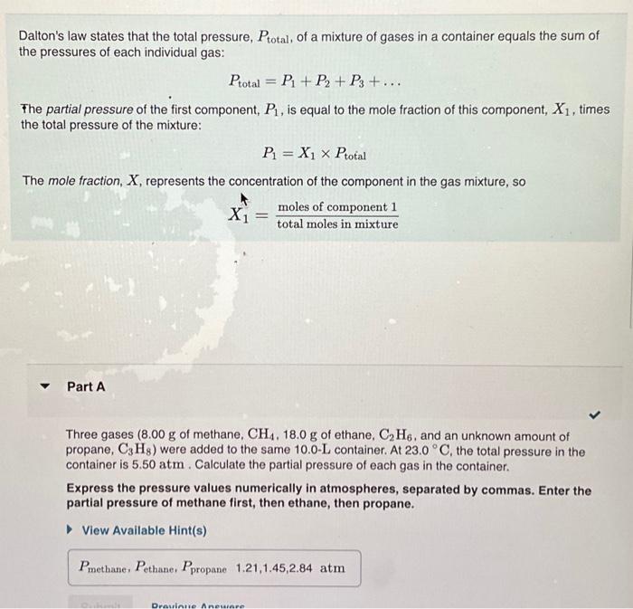 Solved Dalton's law states that the total pressure, Ptotal , | Chegg.com