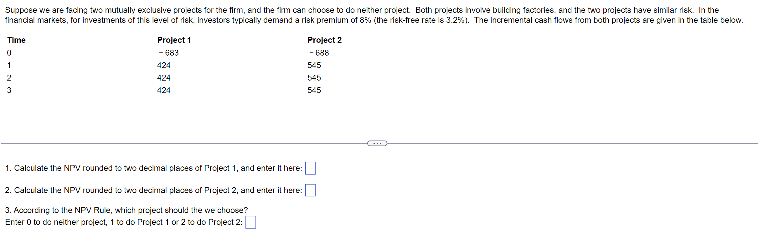 Solved \table[[Time,Project 1,Project | Chegg.com