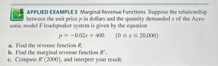Solved APPLIED EXAMPLE 5 Marginal Revenue Functions Suppose | Chegg.com