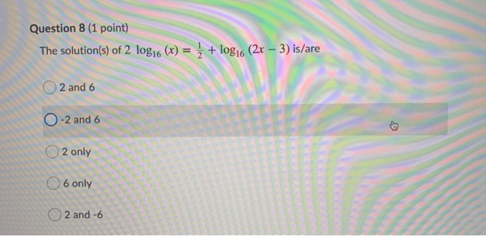Solved Question 8 (1 point) The solution(s) of 2 log16 (x) = | Chegg.com