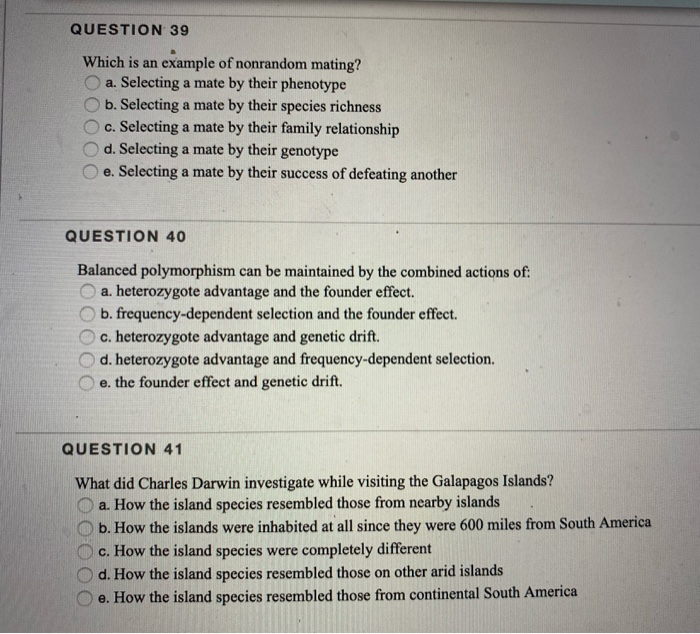 Solved QUESTION 39 Which is an example of nonrandom mating? | Chegg.com