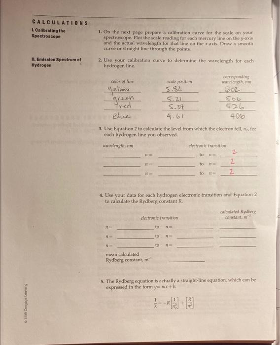 CALCULATIONS 1. Calibrating the Spectroscope 1. On | Chegg.com