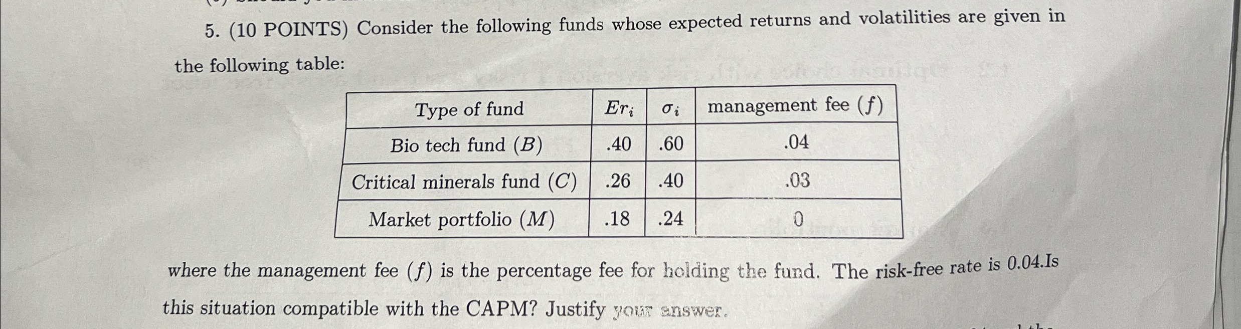 Solved (10 POINTS) Consider the following funds whose | Chegg.com Solved (10 POINTS) Consider the following funds whose | Chegg.com