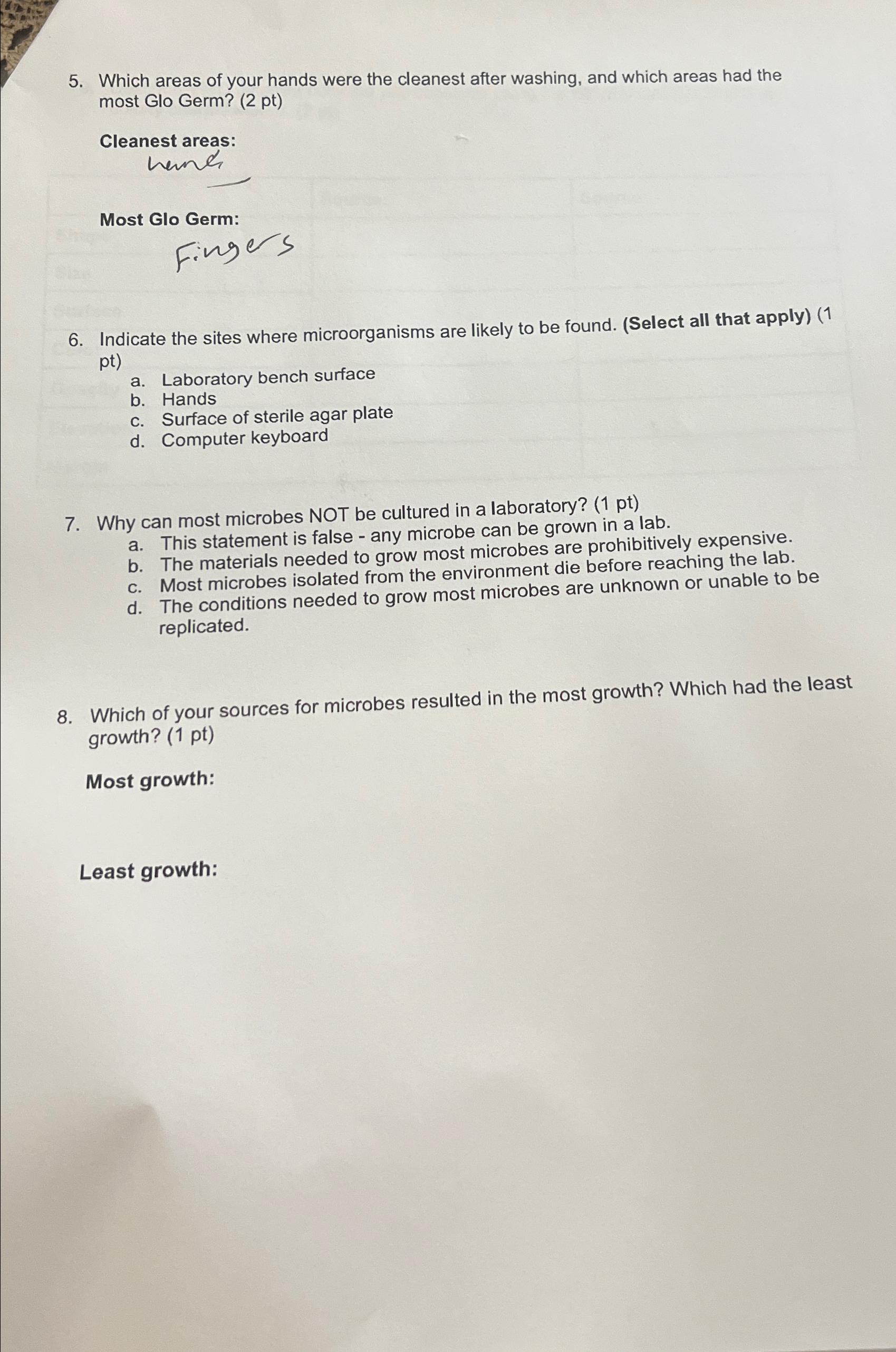 Solved Which areas of your hands were the cleanest after | Chegg.com