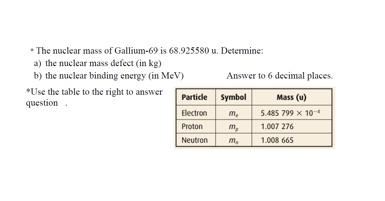 [Solved]: The nuclear mass of Gallium-69 is 68.925580 u. De