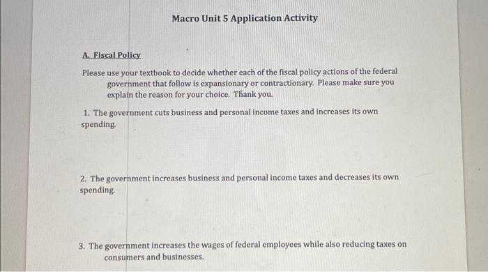 Macro Unit 5 Application Activity A. Fiscal Policy | Chegg.com