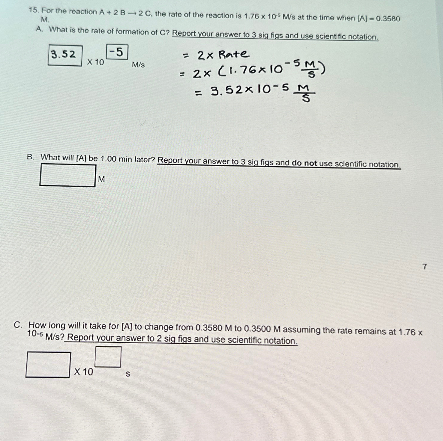 For the reaction A+2B→2C, ﻿the rate of the reaction | Chegg.com
