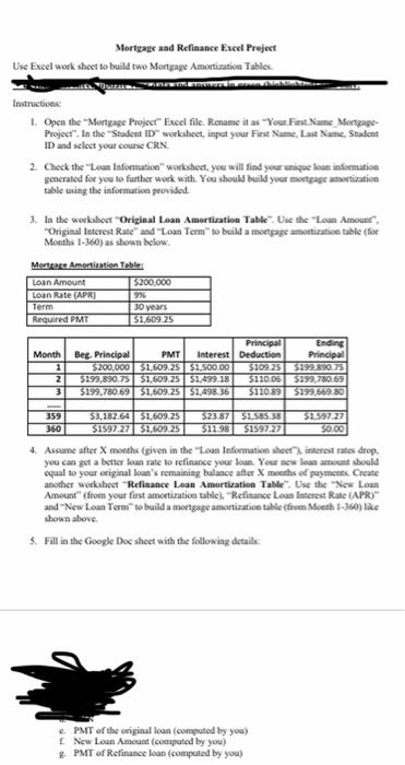 Mortgage and Refinance Excel Project Use Excel work | Chegg.com