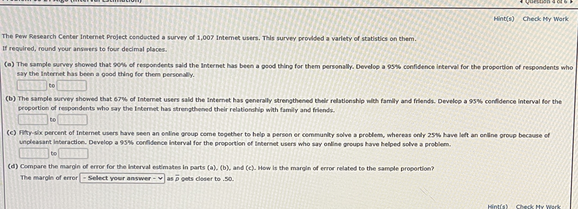Solved Hint(s)Check My WorkThe Pew Research Center Internet | Chegg.com