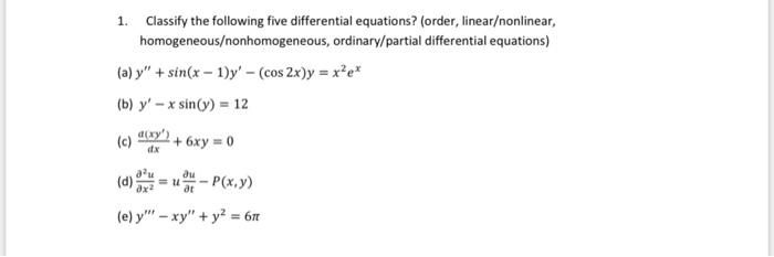 Solved 1. Classify the following five differential | Chegg.com