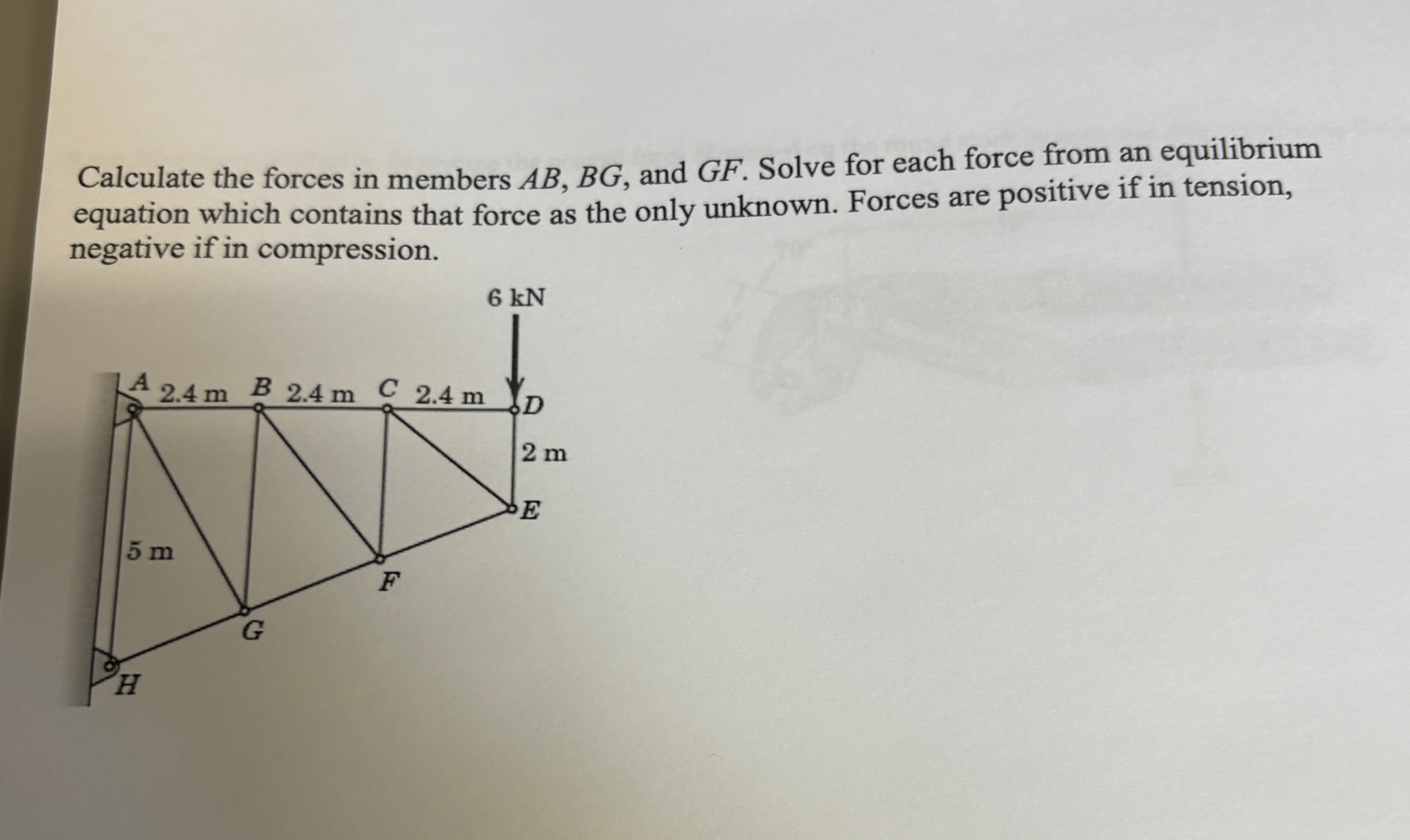 Solved Calculate the forces in members AB,BG, ﻿and GF. | Chegg.com
