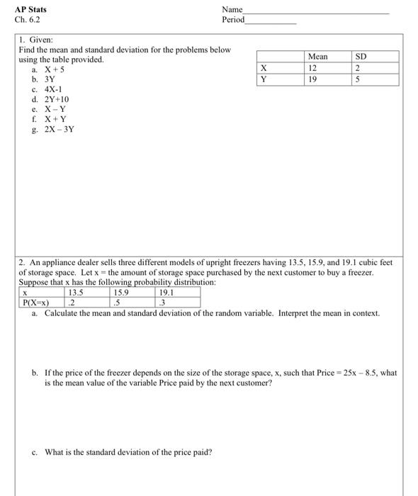 Solved AP Stats Ch. 6.2 Name Period X Y Mean 12 19 SD 2 5 1. | Chegg.com