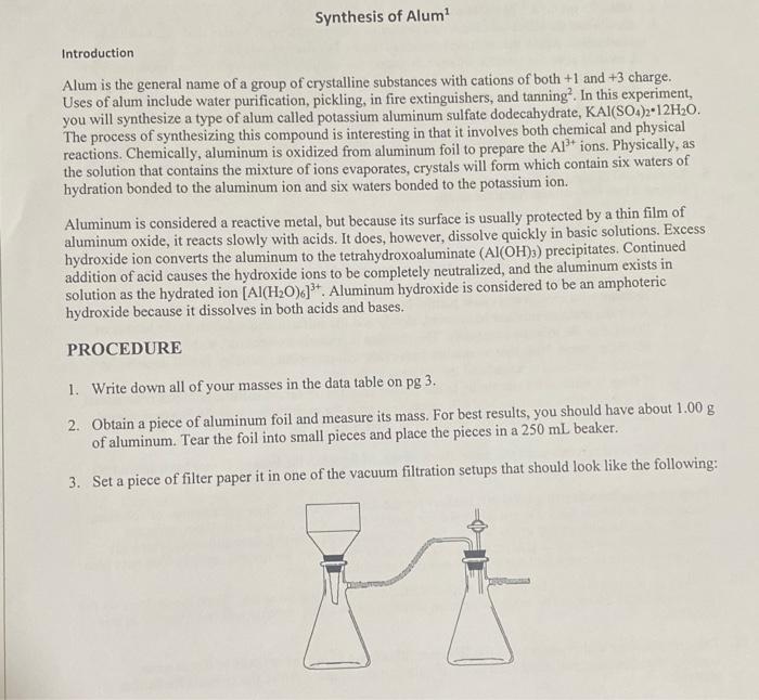 Solved Synthesis of Alum? Introduction Alum is the general | Chegg.com
