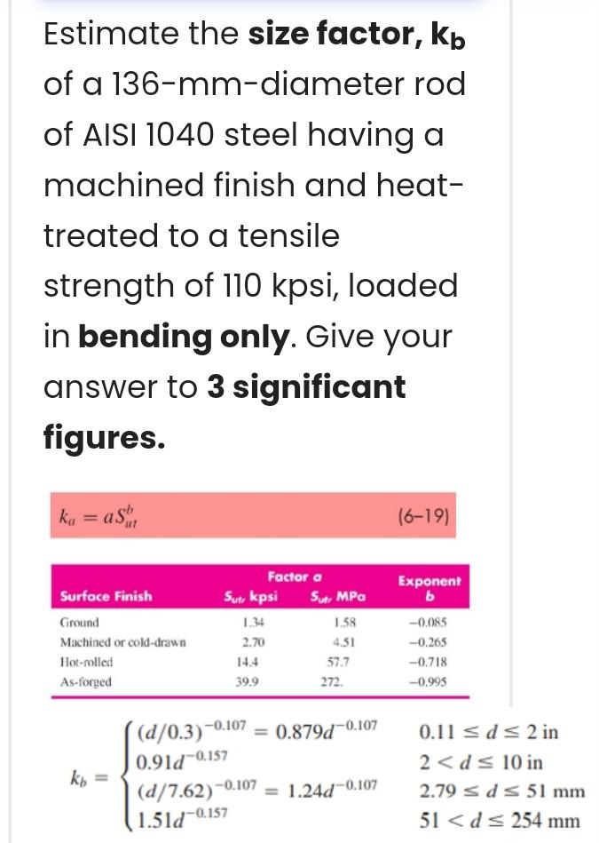 Solved Estimate the size factor, kb of a 136-mm-diameter rod | Chegg.com