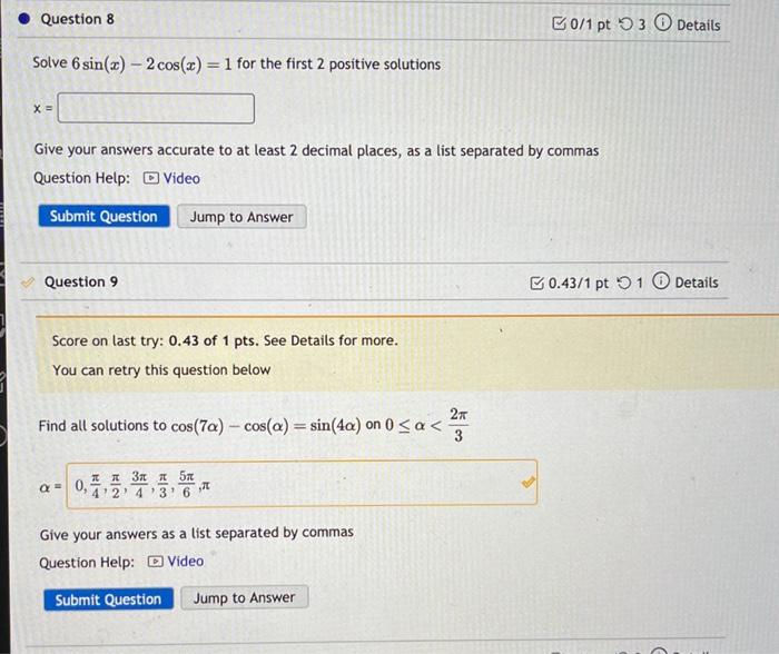 Solved Solve 6sin(x)−2cos(x)=1 for the first 2 positive | Chegg.com