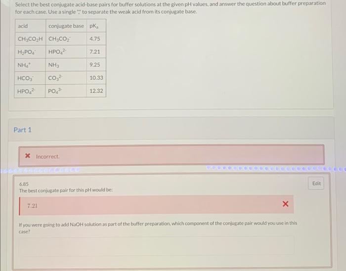 Solved Select the best conjugate acid-base pairs for buffer | Chegg.com