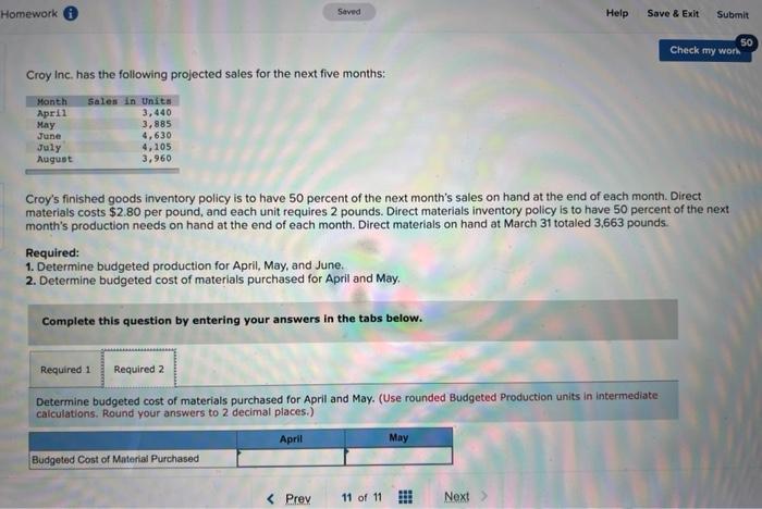 Solved Saved Homework Help Save & Exit Check my Croy Inc. | Chegg.com