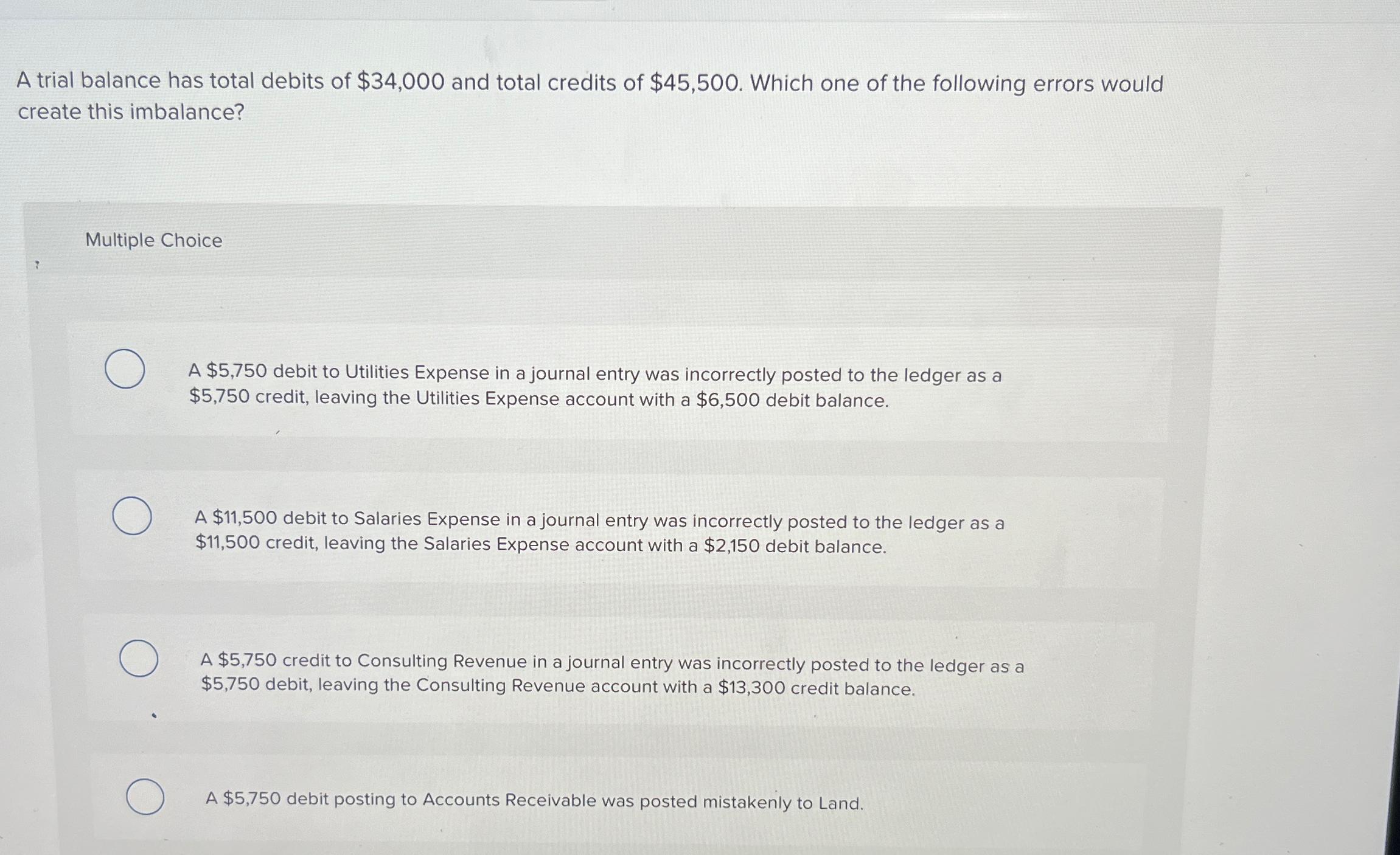 Solved A trial balance has total debits of $34,000 ﻿and | Chegg.com