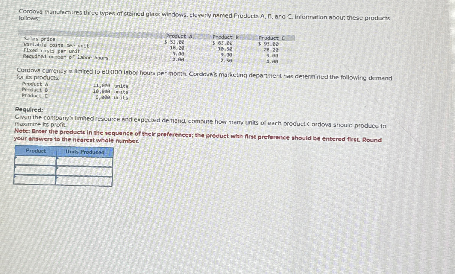 Solved Cordova manufactures three types of stained glass | Chegg.com