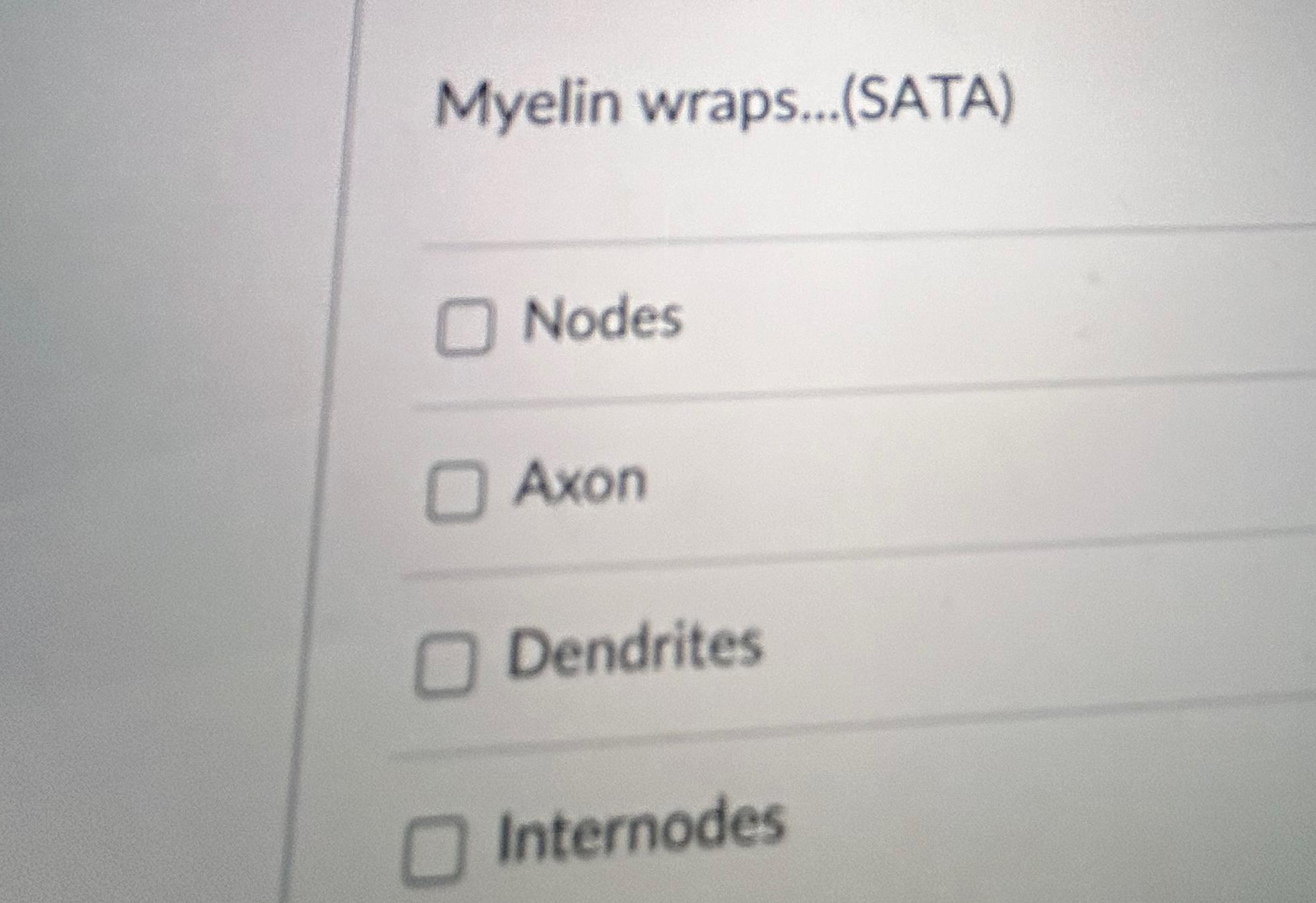 Solved Myelin wraps...(SATA)NodesAxonDendritesInternodes | Chegg.com