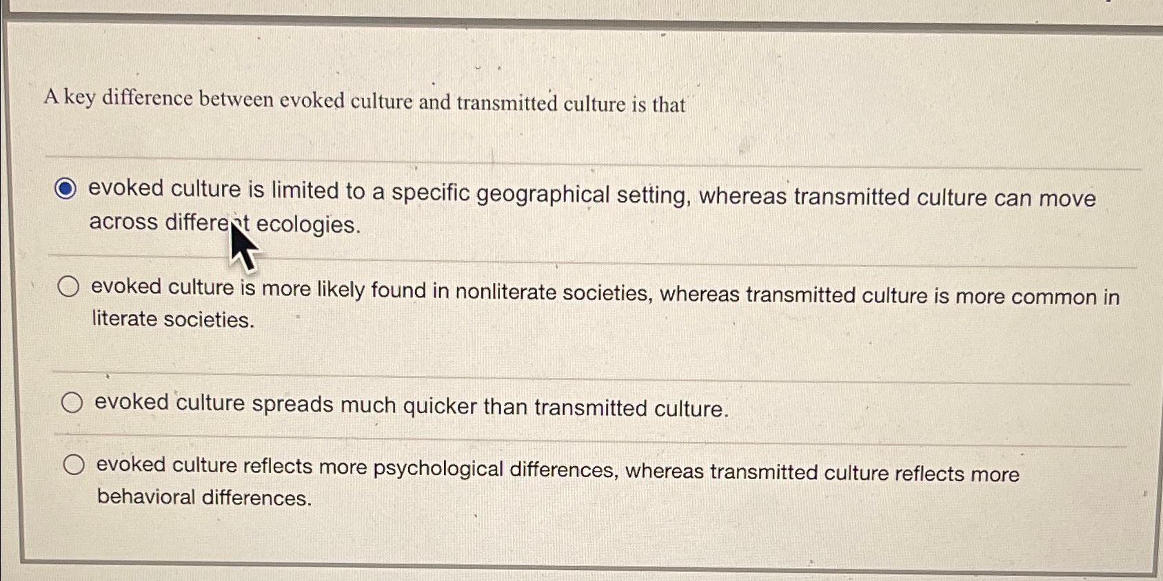 Solved A key difference between evoked culture and | Chegg.com