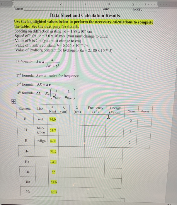 Solved 1. 4 .5 Name Dale core Data Sheet and Calculation | Chegg.com