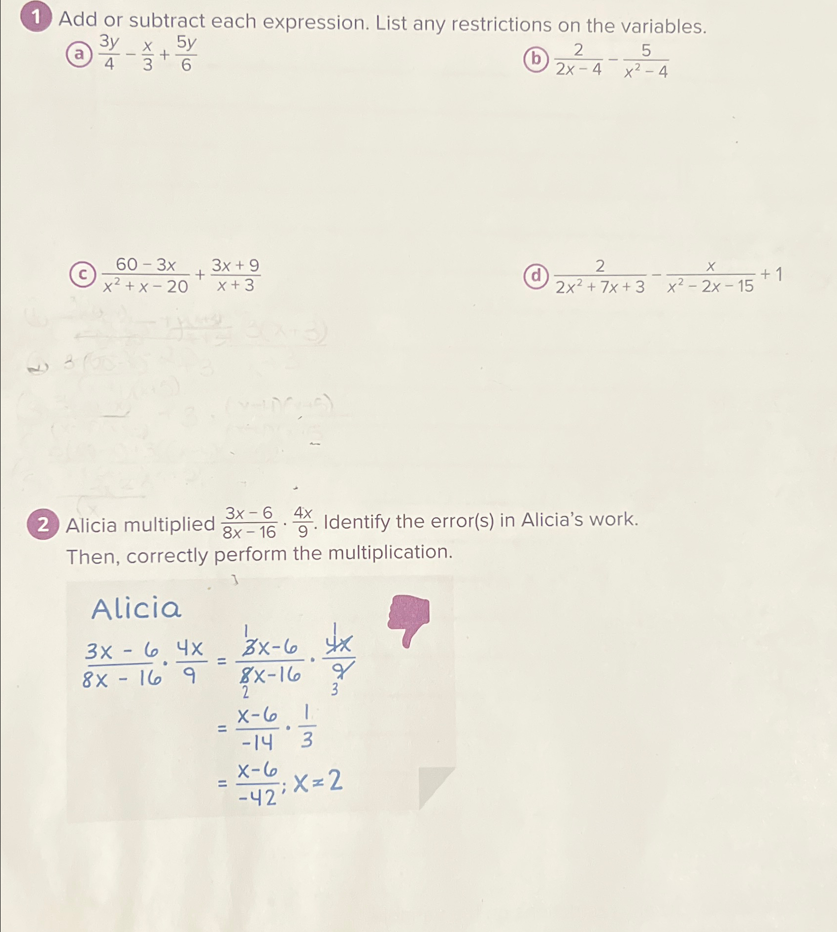 Solved Add or subtract each expression. List any | Chegg.com