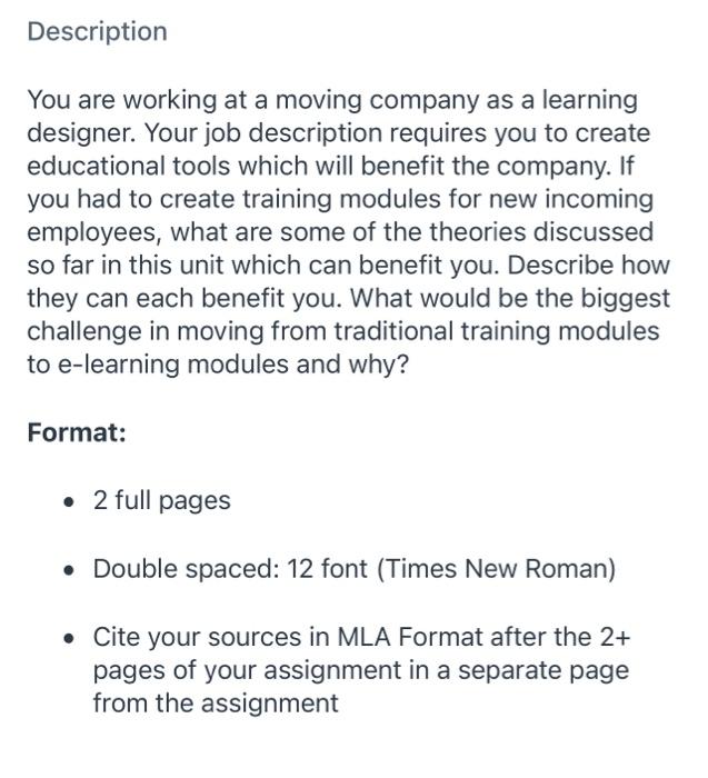Solved Description You are working at a moving company as a | Chegg.com