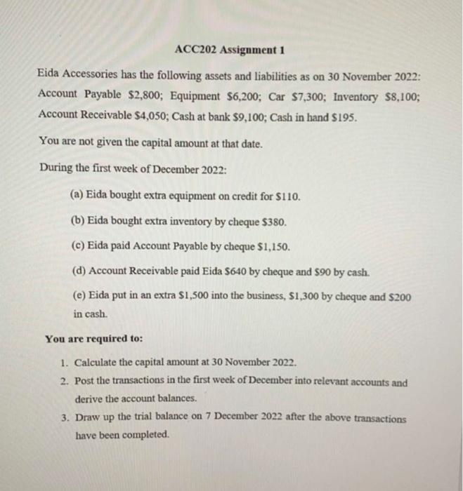 Solved ACC202 Assignment 1 Eida Accessories has the | Chegg.com