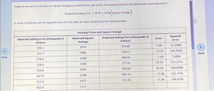 Solved Prev Suppose we want to use data on square footage to | Chegg.com