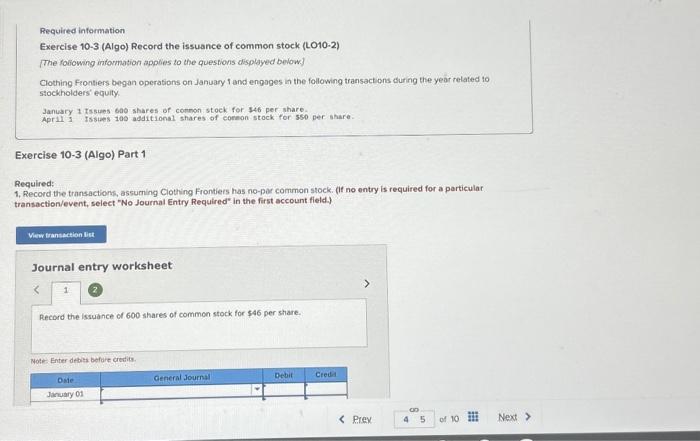 Solved Required information Exercise 10-3 (Algo) Record the | Chegg.com