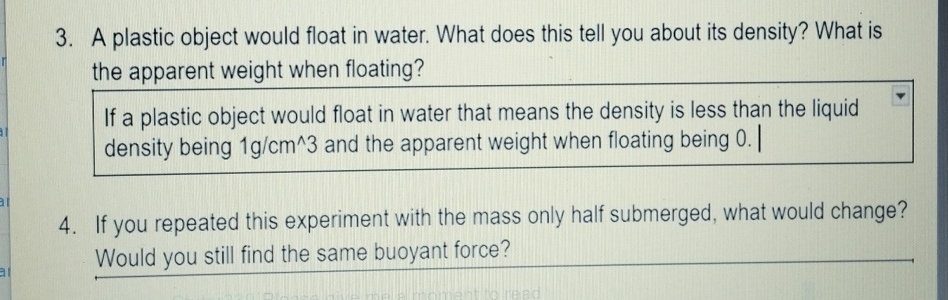 Solved A plastic object would float in water. What does this | Chegg.com