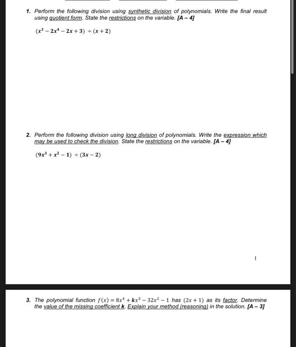 Solved 1. Perform the following division using synthetic | Chegg.com