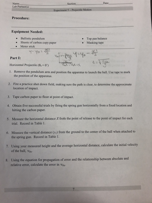 Solved Experiment 5 - Projectile Motion Post-Lab: 1. Using | Chegg.com