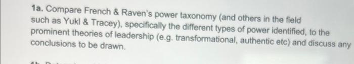 Solved 1a. Compare French & Raven's power taxonomy (and | Chegg.com