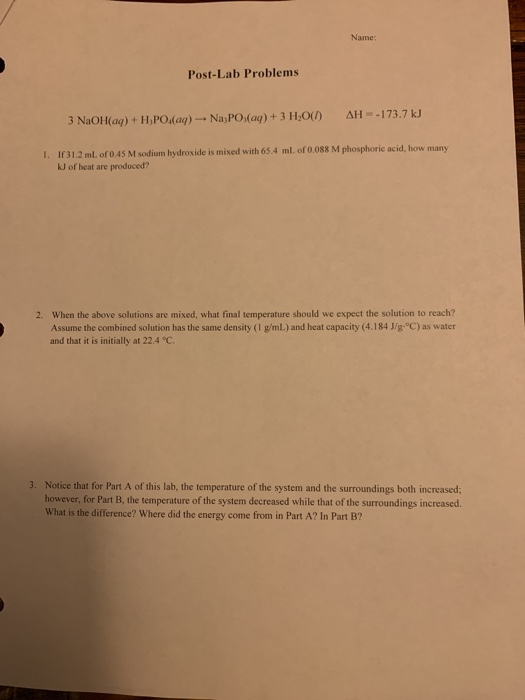 Solved Name: Post-Lab Problems would be the expected | Chegg.com