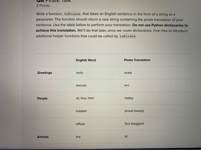 Solved worlate TAIK 2 Points Write a function, toPirate, | Chegg.com